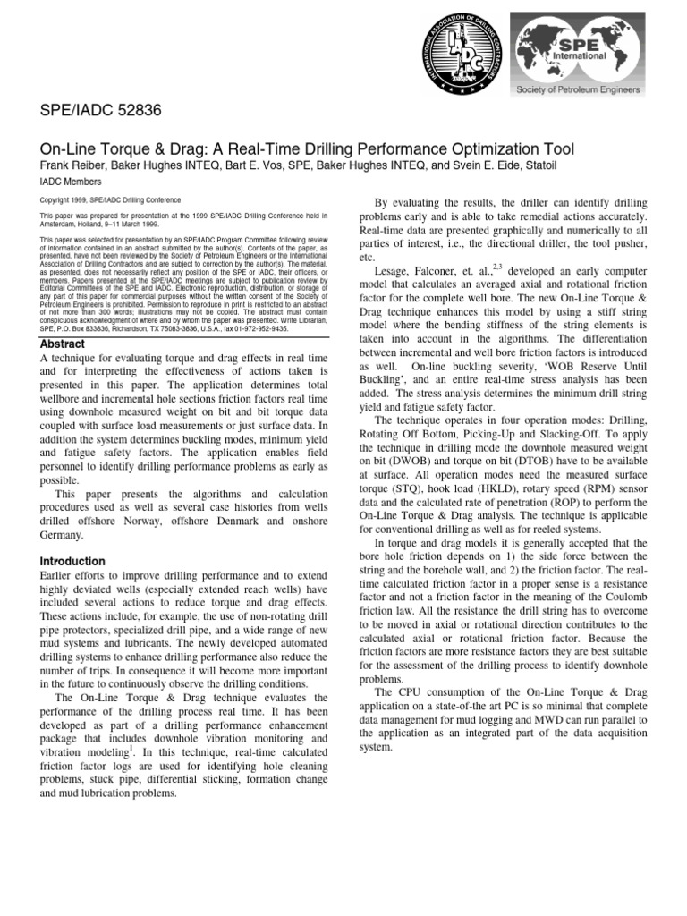 SPE/IADC 52836 On-Line Torque & Drag: A Real-Time Drilling Performance Optimization Tool | PDF ...