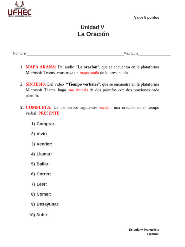 Ejercicios de Oraciones y Verbos en Español | PDF
