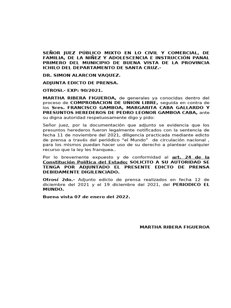 Adjunta Edicto de Prensa-Familia | PDF | Demanda judicial | Ley Pública