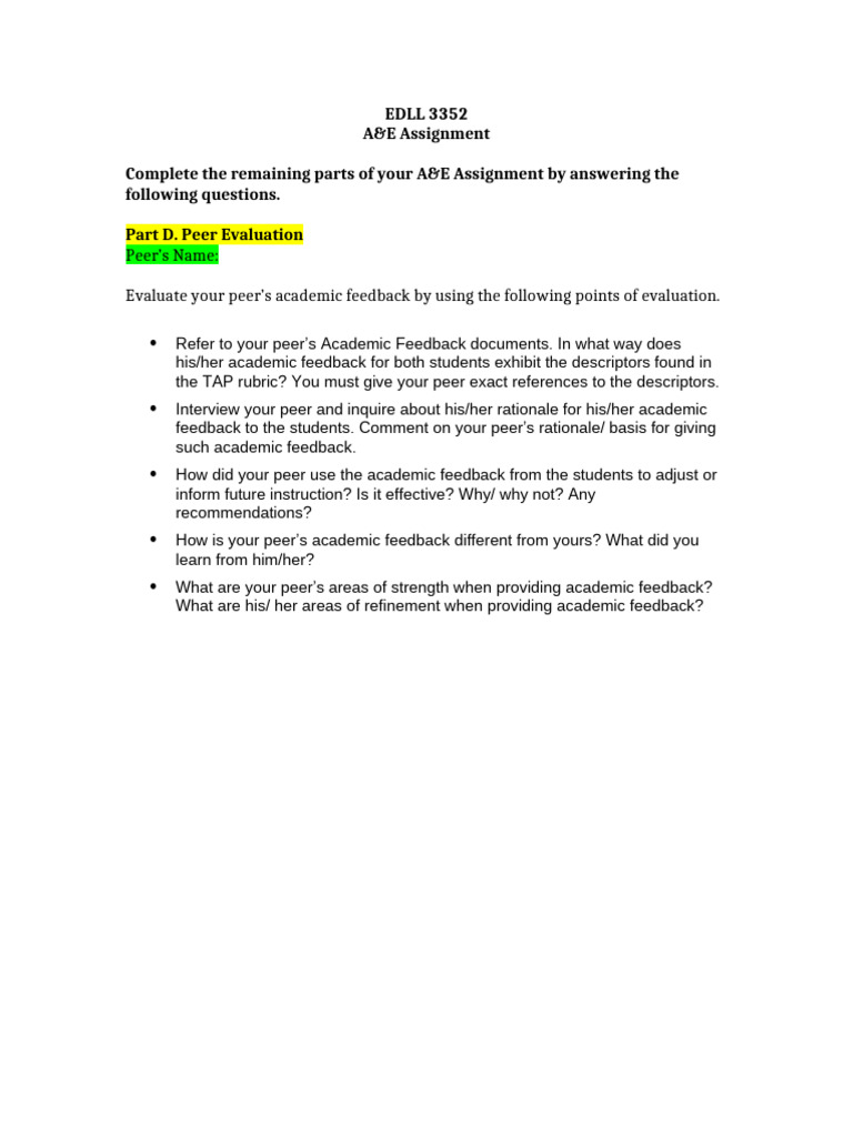 Peer Evaluation - A&E Assignment - 3352 | PDF