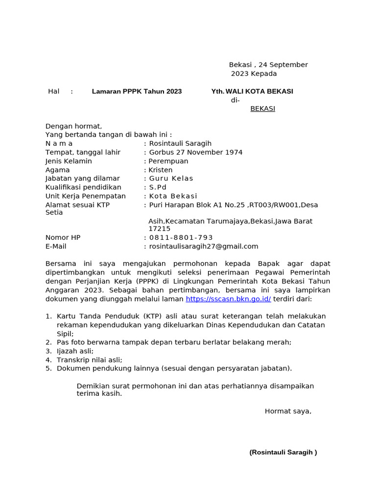 Surat Lamaran PPPK 2023 | PDF