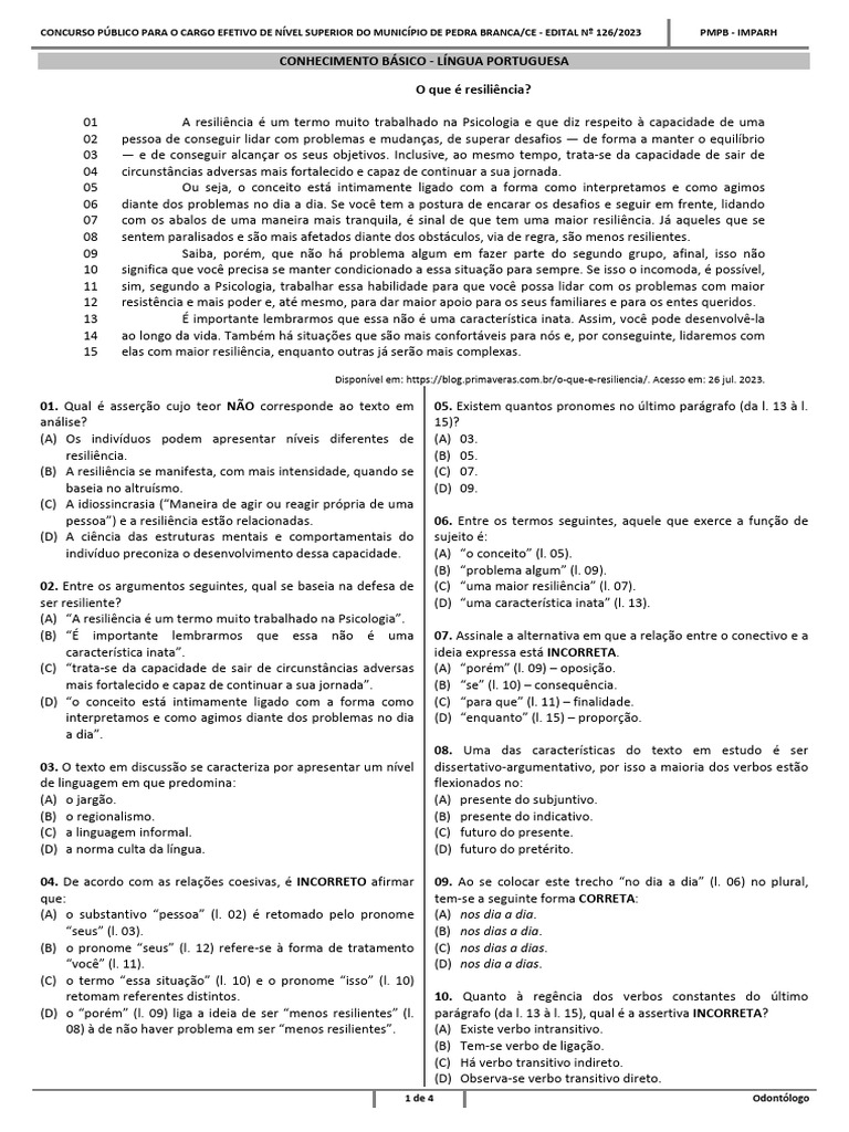 Imparh Odontólogo - Prova | PDF | Resiliência psicológica | Odontologia