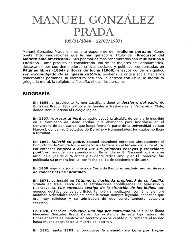 Biografía de Manuel González Prada | PDF