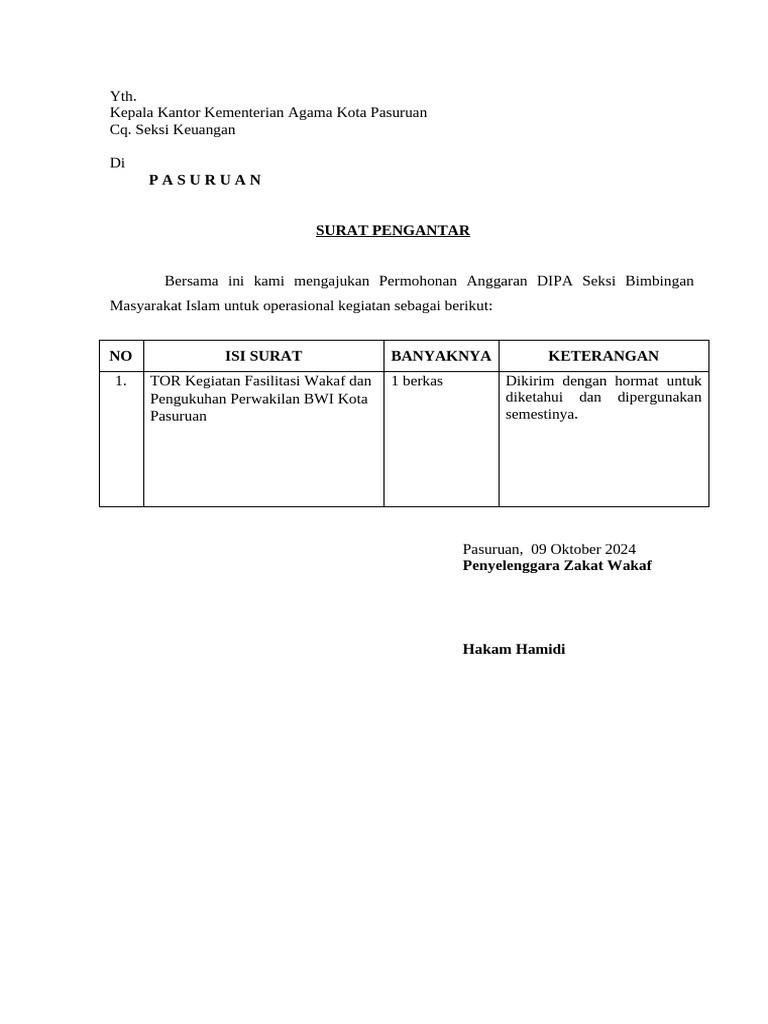 Surat Pengantar TOR | PDF