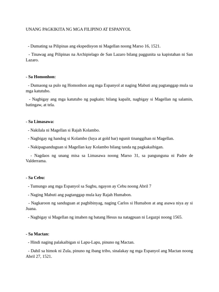 UNANG PAGKIKITA NG MGA FILIPINO AT ESPANYOL Summary | PDF