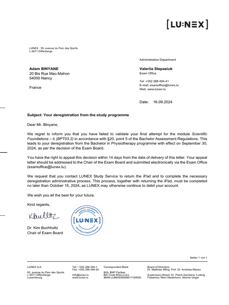 Notification On Deregistration Letter - BPT - BINYANE, Adam | PDF