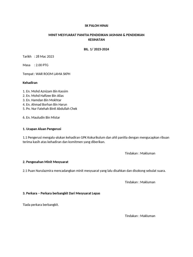 SK PALOH HINAI Meeting PJK 1 2023 | PDF