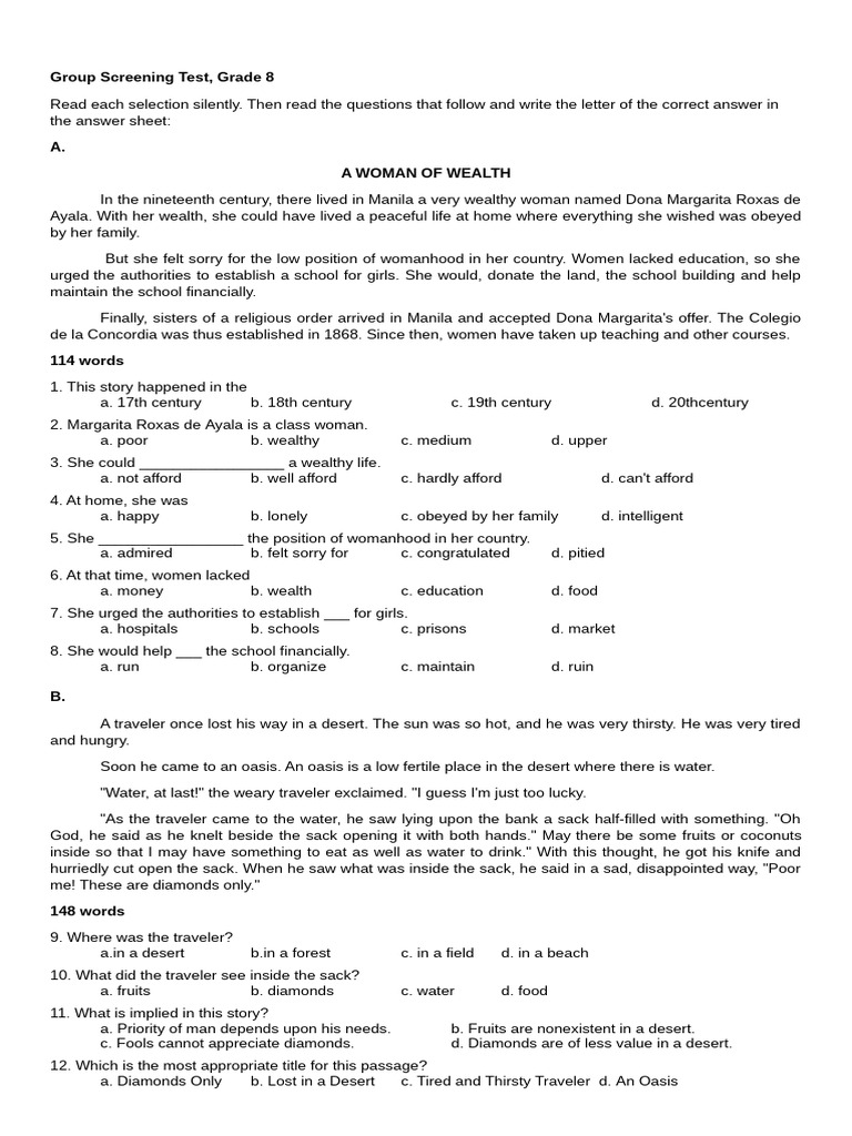 Grade 8 Group Screening Test | PDF | Home & Garden | General Fiction