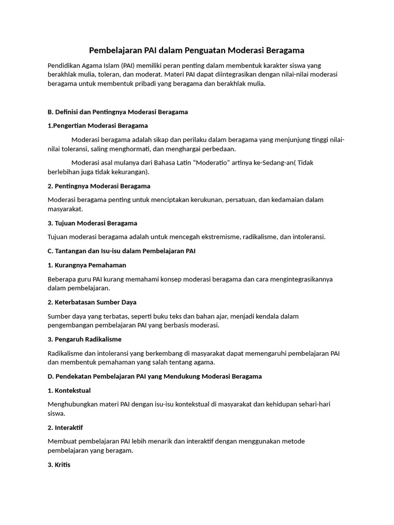 Pembelajaran PAI Dalam Penguatan Moderasi Beragama | PDF