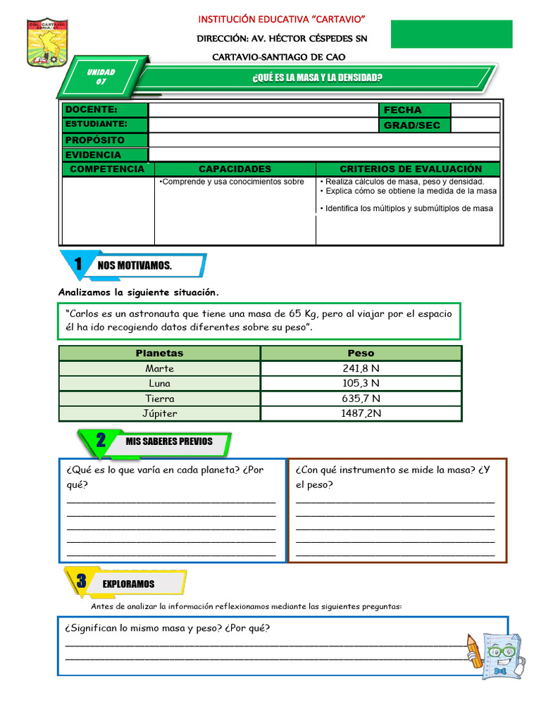 Actividad Qué Es La Masa y La Densidad | PDF | Densidad | Masa