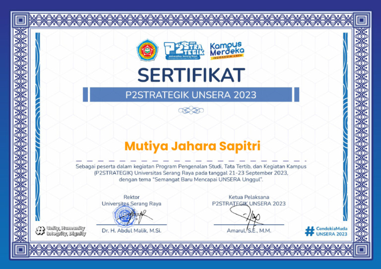 E-Sertifikat Mutiya Jahara Sapitri P2Strategik UNSERA 2023 | PDF