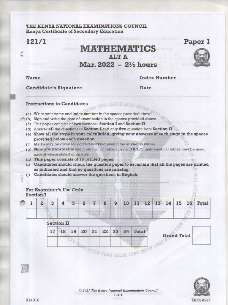 Kcse 2021 2022 Math PP1 | PDF
