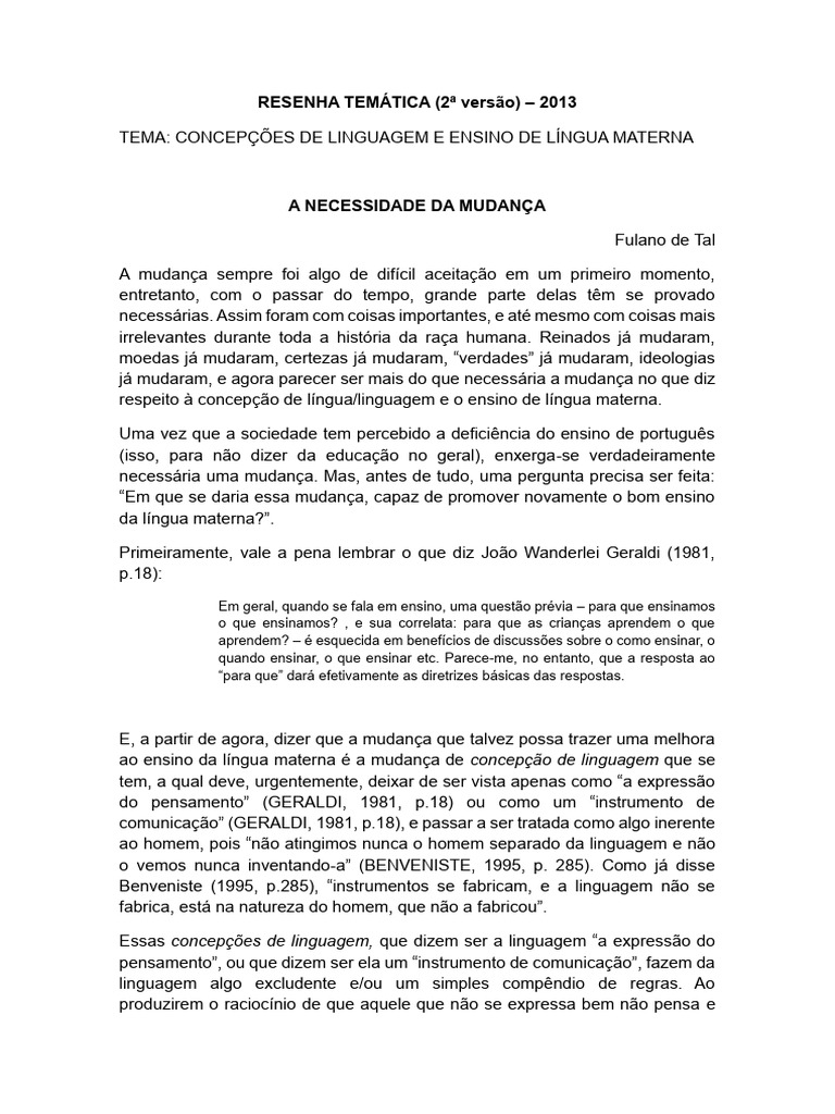 Exemplo de Resenha Temática - 2 Versão - 1322902833 | PDF | Linguística ...