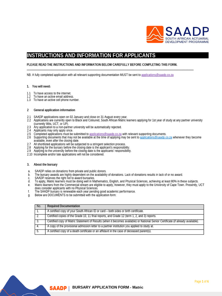 SAADP Actuarial Bursary Guide | PDF | Birth Certificate