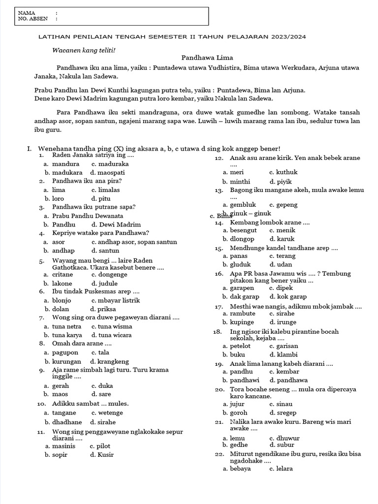 PDF Soal Pts Kelas 3 Bahasa Jawa Semester 2 | PDF