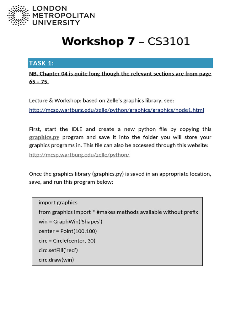 Workshop 7 (Ch4 Objects and Graphics) - CS3101 | PDF | Teaching Methods & Materials | Art