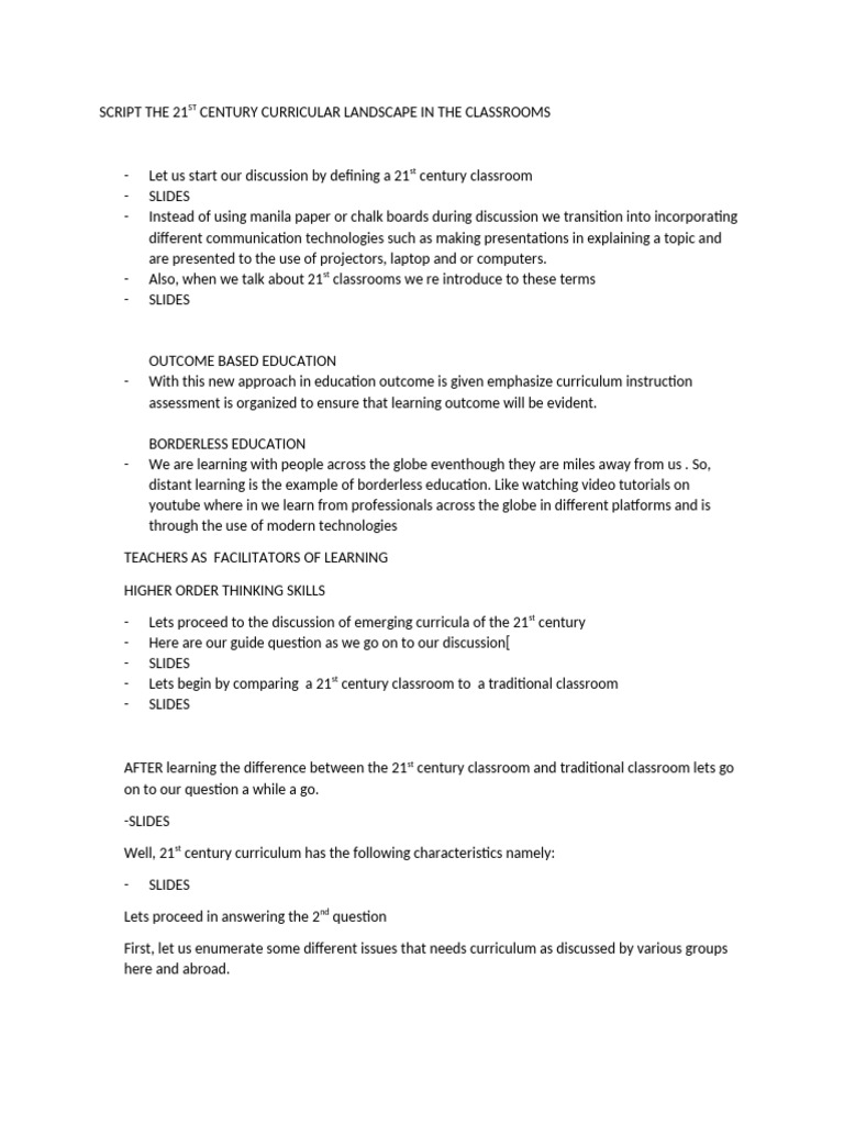 (Script) THE 21ST CENTURY CURRICULAR LANDSCAPE IN THE CLASSROOMS | PDF | Curriculum | Sustainability