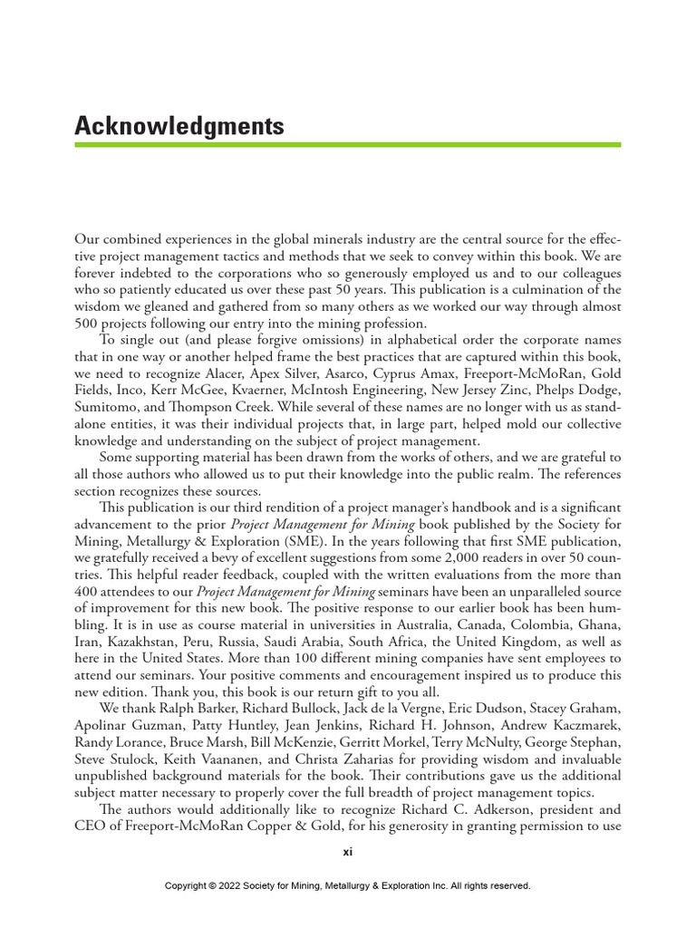 Project Management For Mining Handbook For Deliver... - (Acknowledgments) | PDF | Minerals | Mining