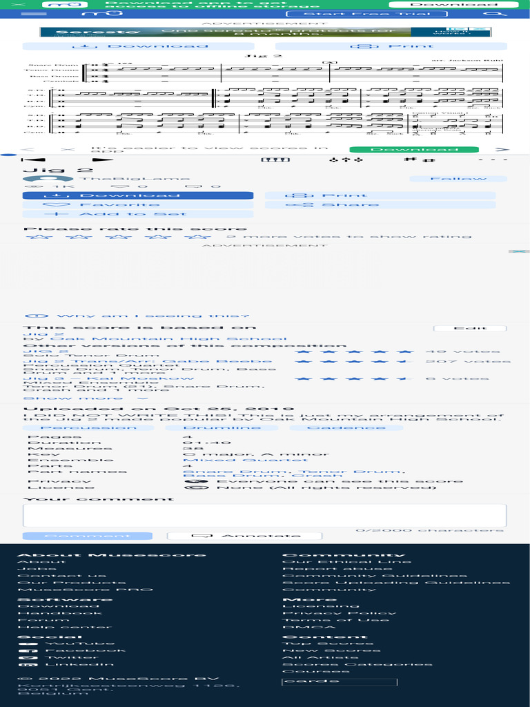 Jig 2 Sheet Music For Snare Drum, Crash, Tenor Drum, Bass Drum (Mixed ...