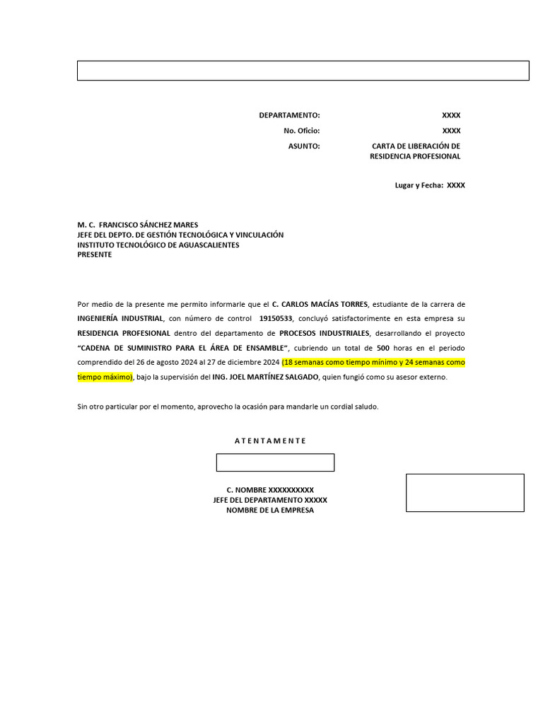 Ejemplo - Carta - Terminacion Residencias 2024 | PDF