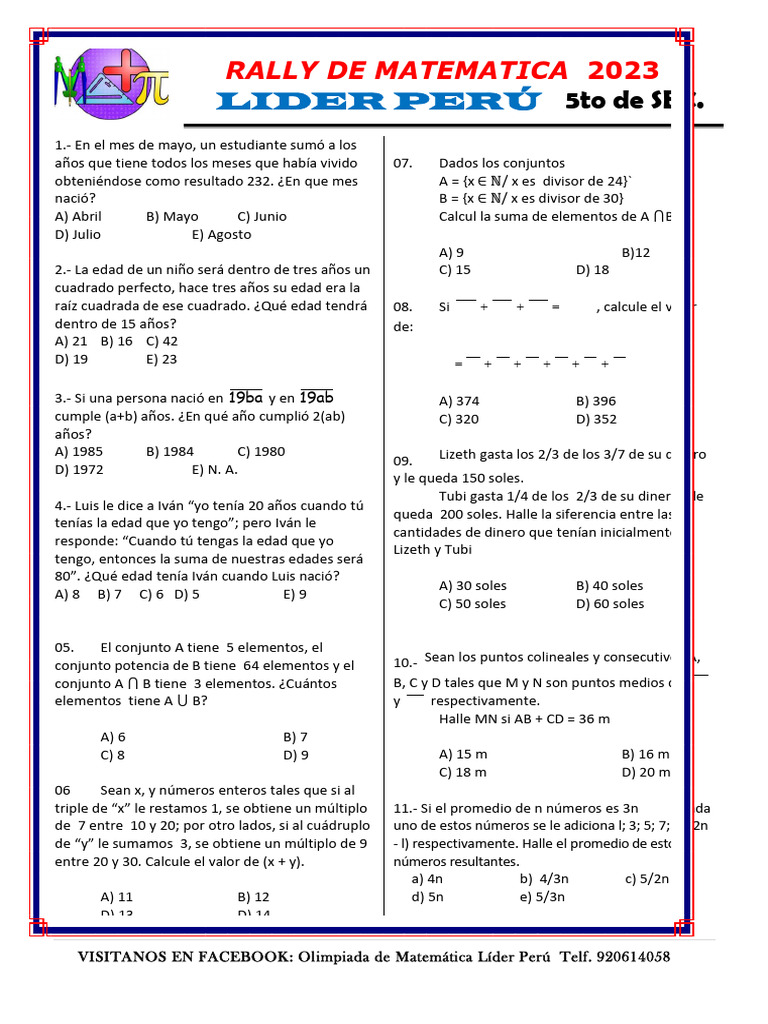 Examen 5to Sec Mat | PDF | Notación Matemática | Números
