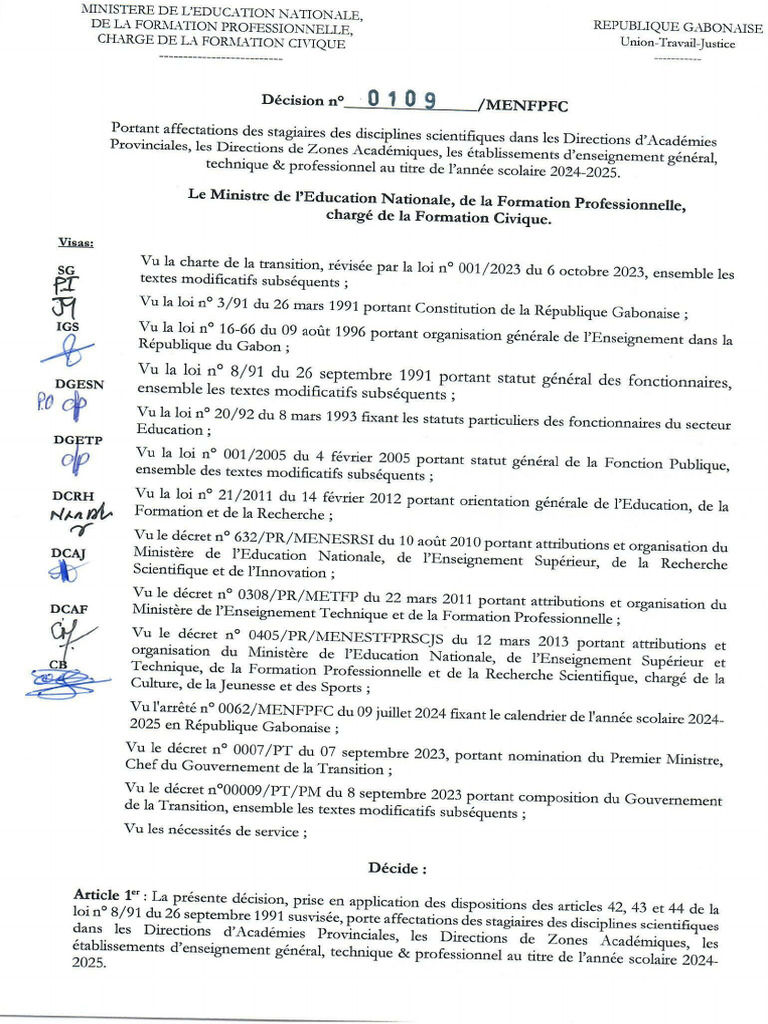 DECISION No 0109 - Affectation Des Stagiaires Des Disciplines Scientifiques - 0001 | PDF
