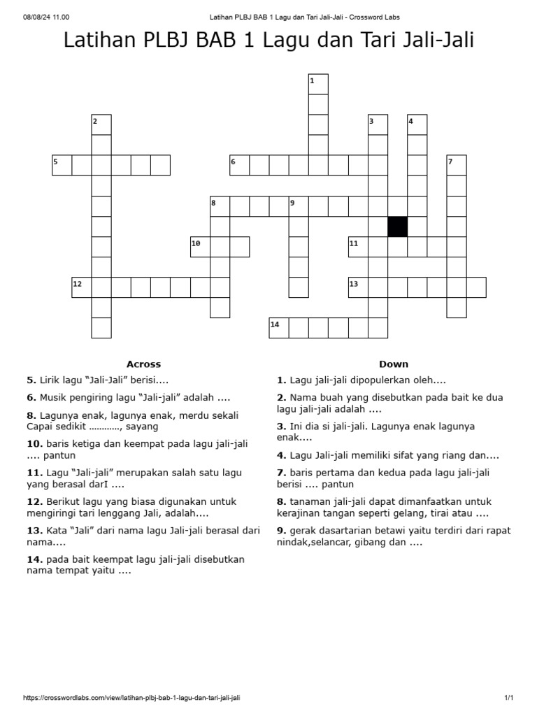 Latihan PLBJ BAB 1 Lagu Dan Tari Jali-Jali - Crossword Labs | PDF