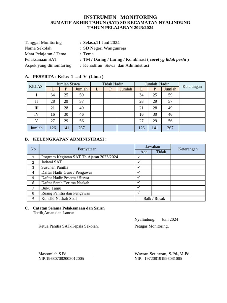 Lembar Monitoring SAT 2024 | PDF