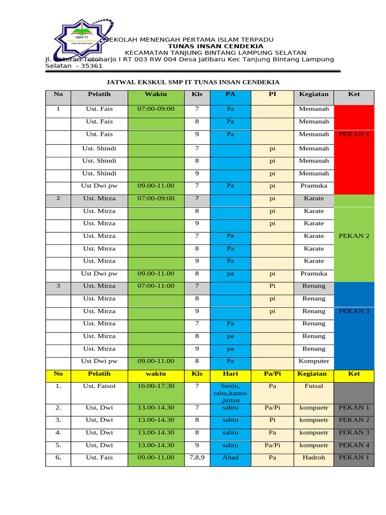 Agenda Ekskul SMP It Tunas Insan Cendekia | PDF