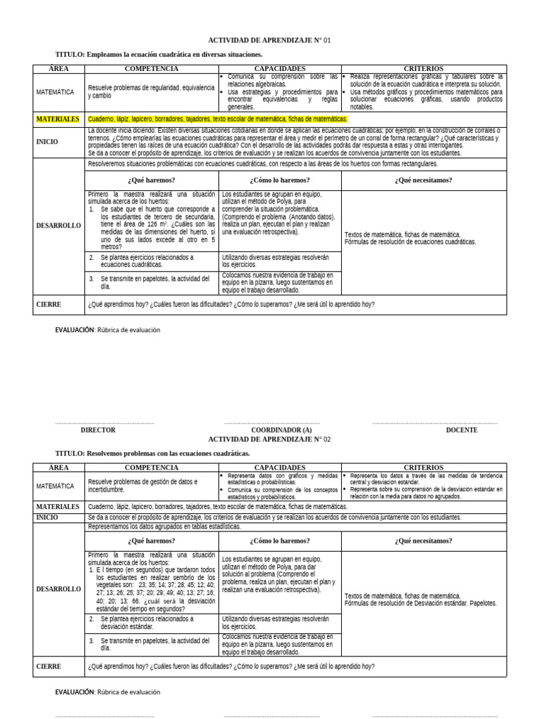 ACTIVIDAD DE APRENDIZAJE #01 Borrador | PDF | Ecuaciones | Evaluación