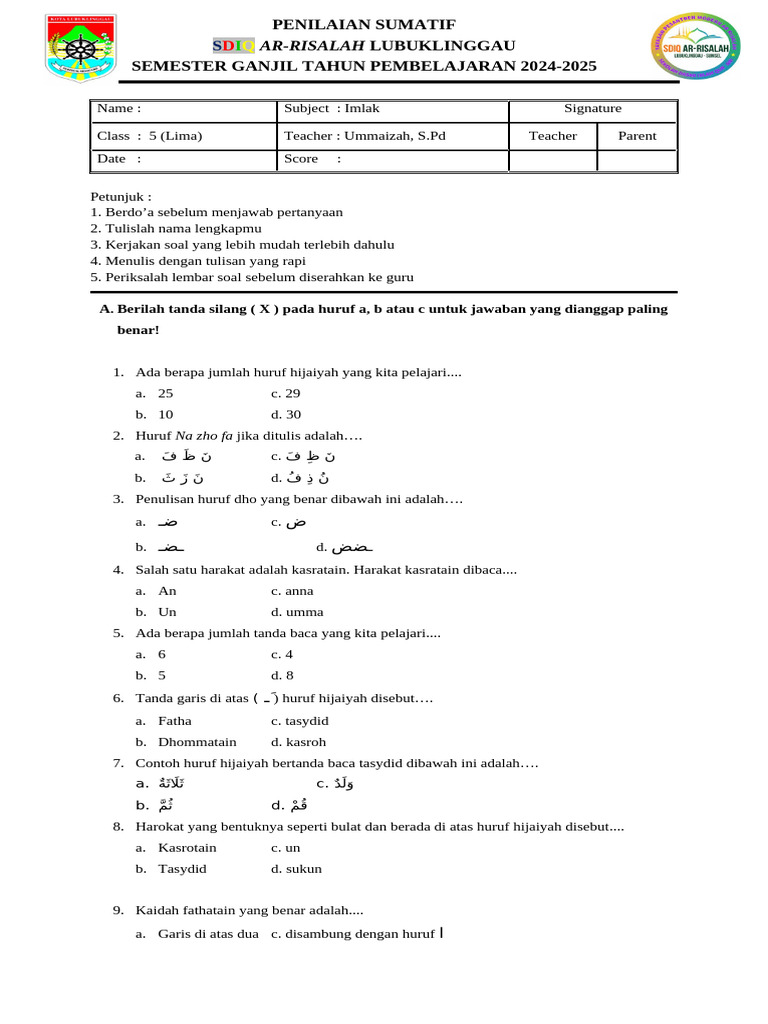 Soal Imlak Kelas 5 SD 2024-2025 | PDF | Seni & Disiplin Bahasa