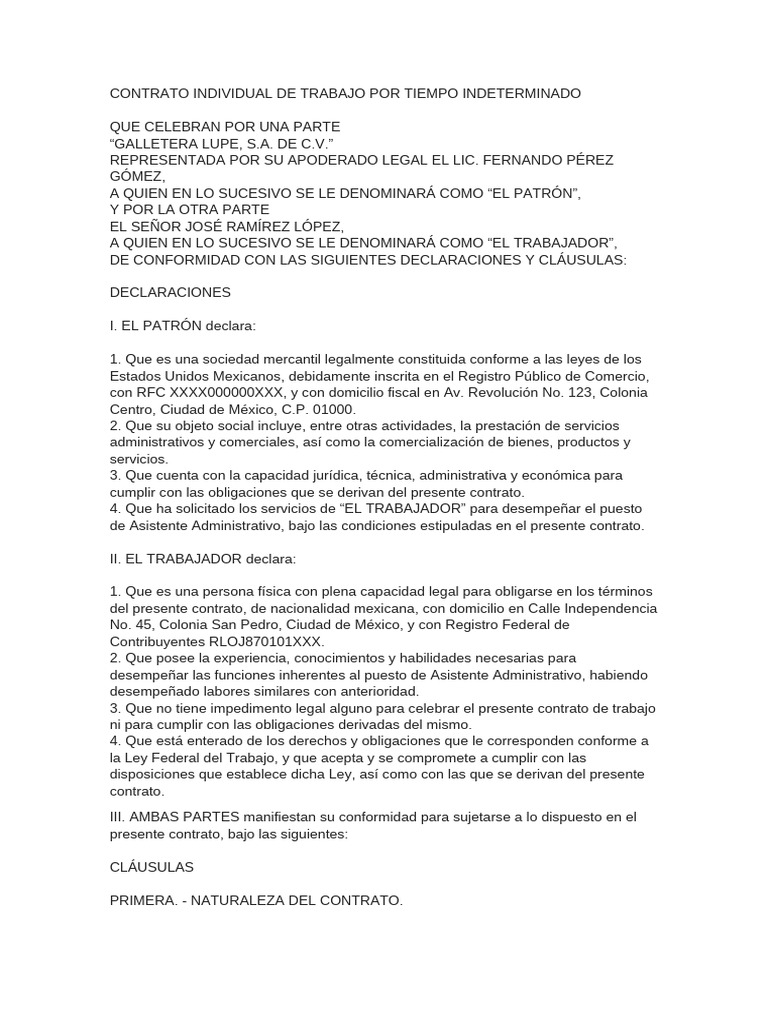 Contrato Individual de Trabajo Por Tiempo Indeterminado | PDF | Tiempo de trabajo | Derecho laboral