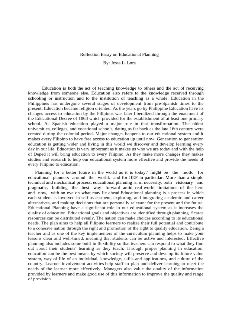 Educational Planning Reflection Essay | PDF | Cognition