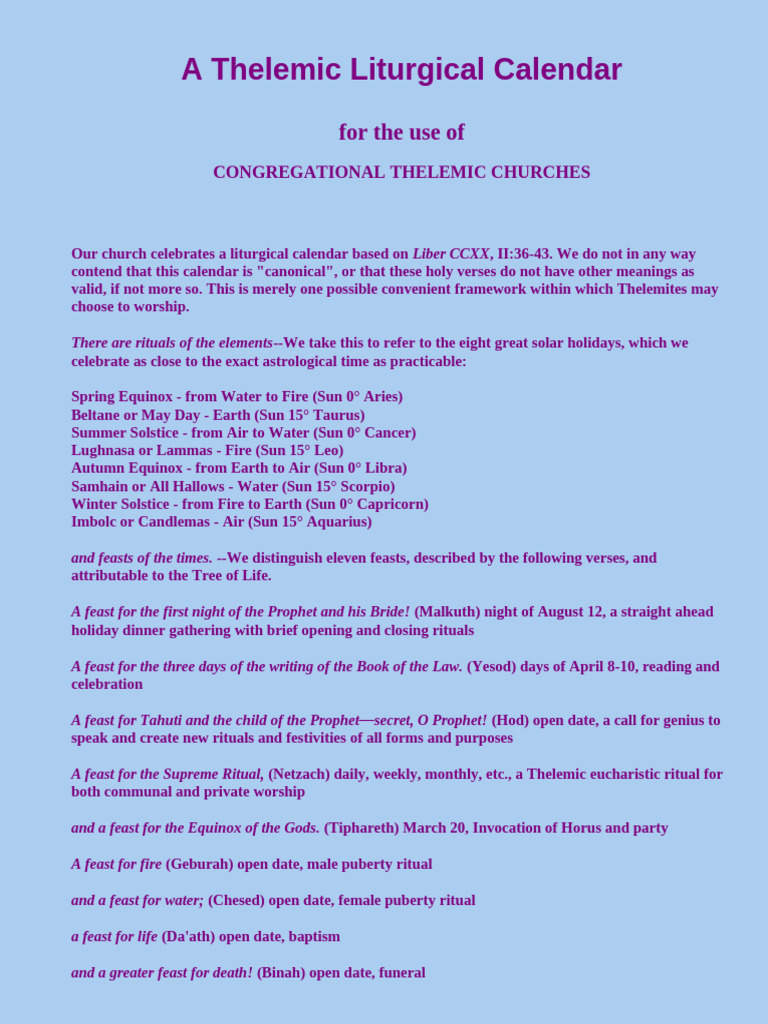 A Thelemic Liturgical Calendar | PDF | Thelema