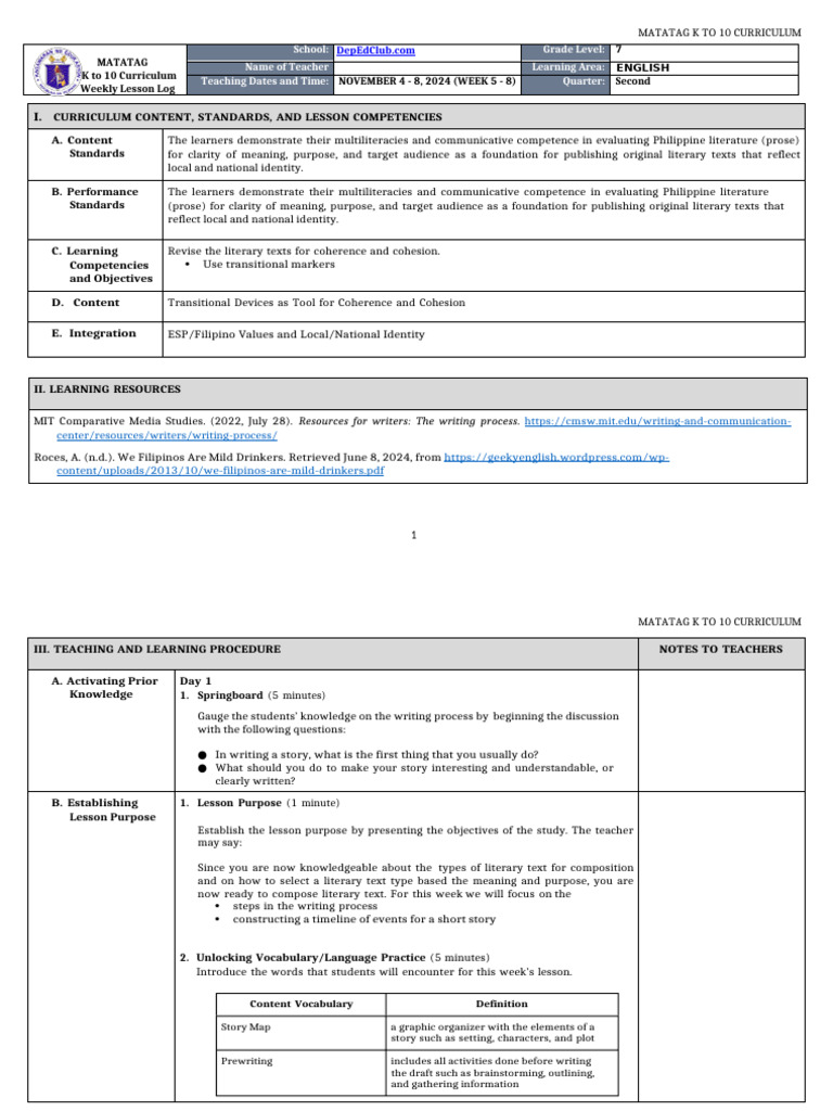 DLL Matatag - English 7 Q2 W6 | PDF | Writing | Linguistics