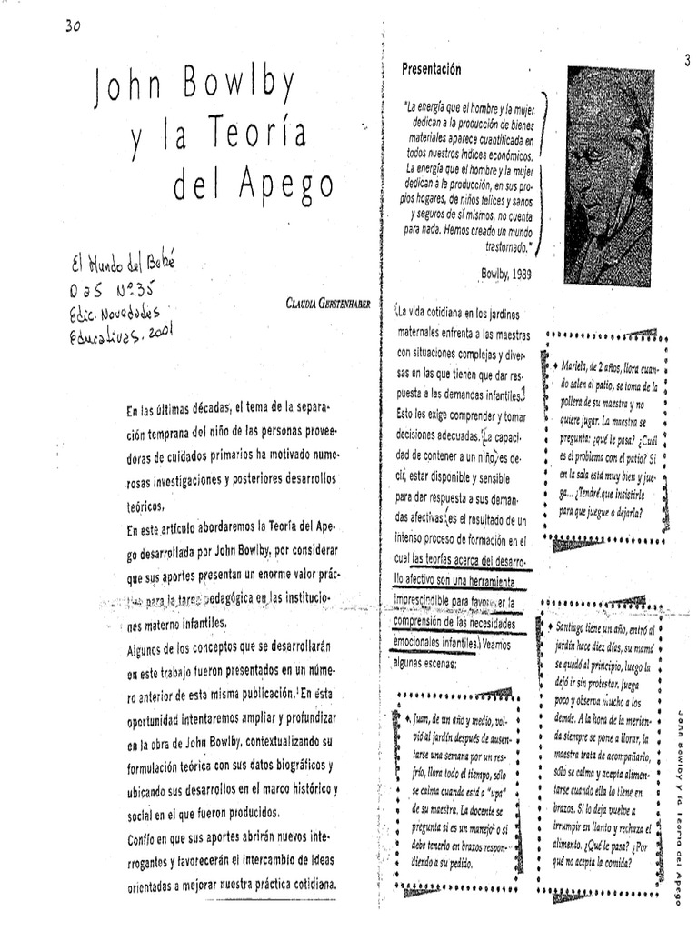 Teor-A Del Apego. Bowlby. | PDF | Psicoanálisis | Sicología