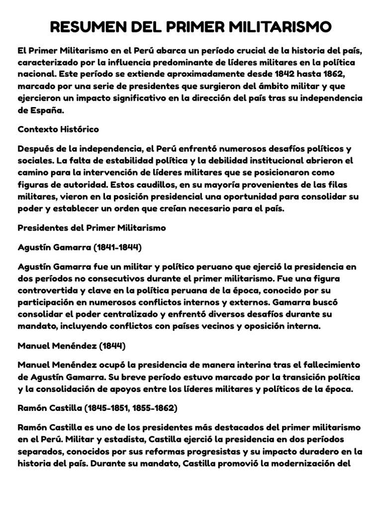 Resumen Del Primer Militarismo | PDF | Perú | Ciencias Políticas