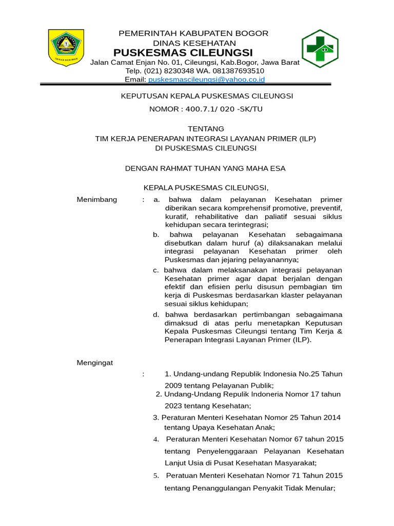 SK Tim Kerja Penerapan Ilp Di Puskesmas Cileungsi | PDF