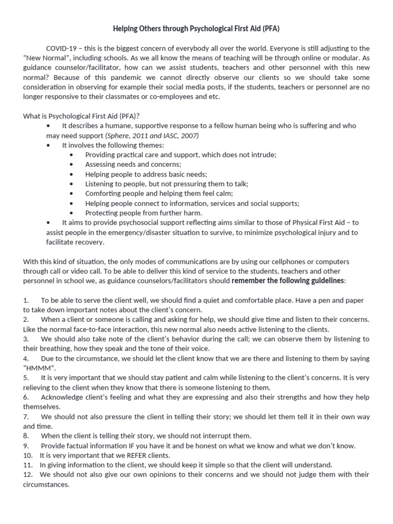 Psychological First Aid for COVID-19 Support | PDF | Psychological ...