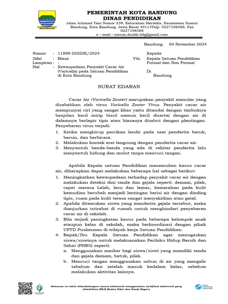 Edaran Kewaspadaan Penyakit Cacar Air (Varicella) Pada Satuan ...