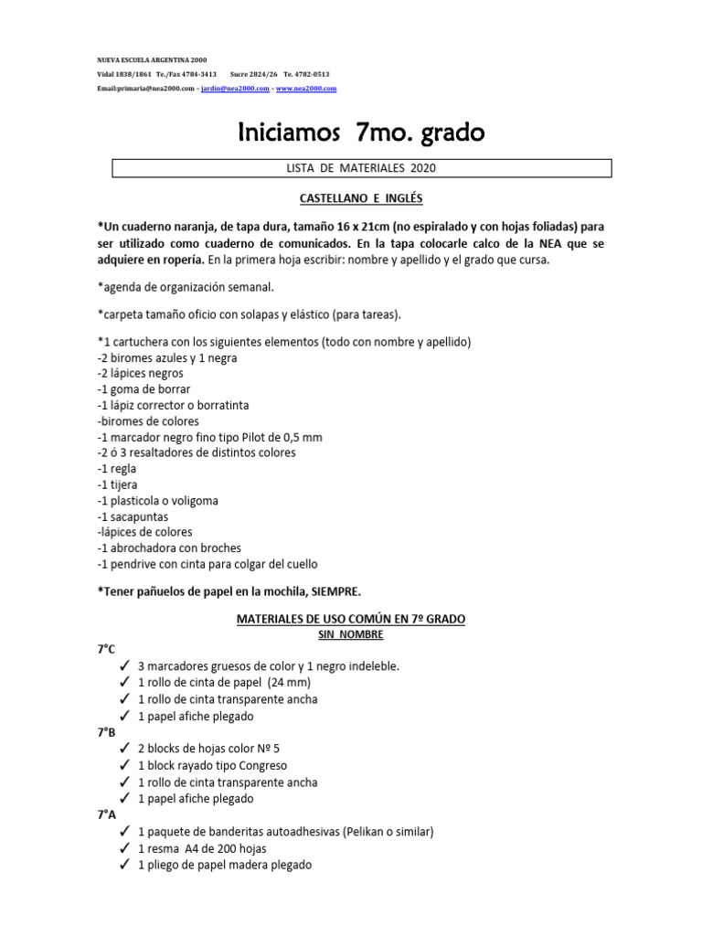 Lista de Materiales 7mo Grado | PDF | Trabajo de oficina | Papelería
