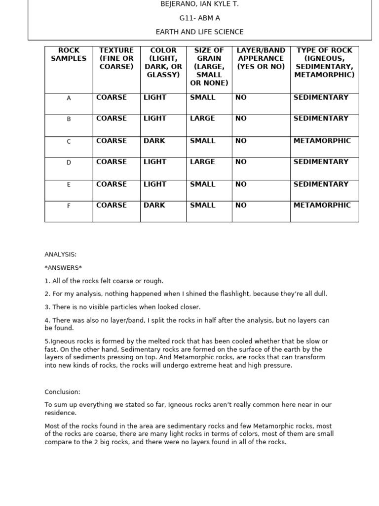 Activity Earth and Life Science Classification of Rocks | PDF