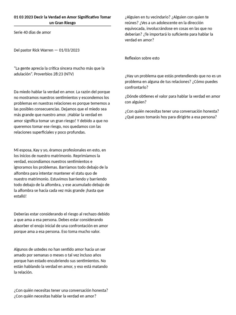01 03 2023 Decir La Verdad en Amor Significativo Tomar Un Gran Riesgo | PDF | Amor | Verdad