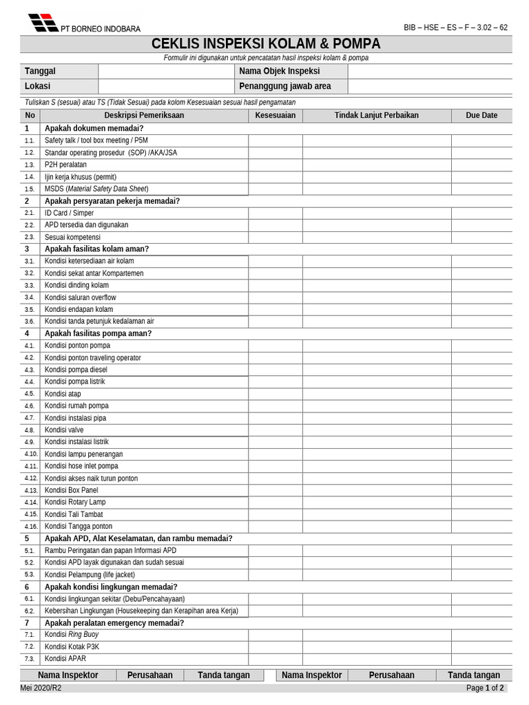 Ceklis Inspeksi Kolam dan Pompa HSE | PDF | Komputer | Teknologi & Rekayasa