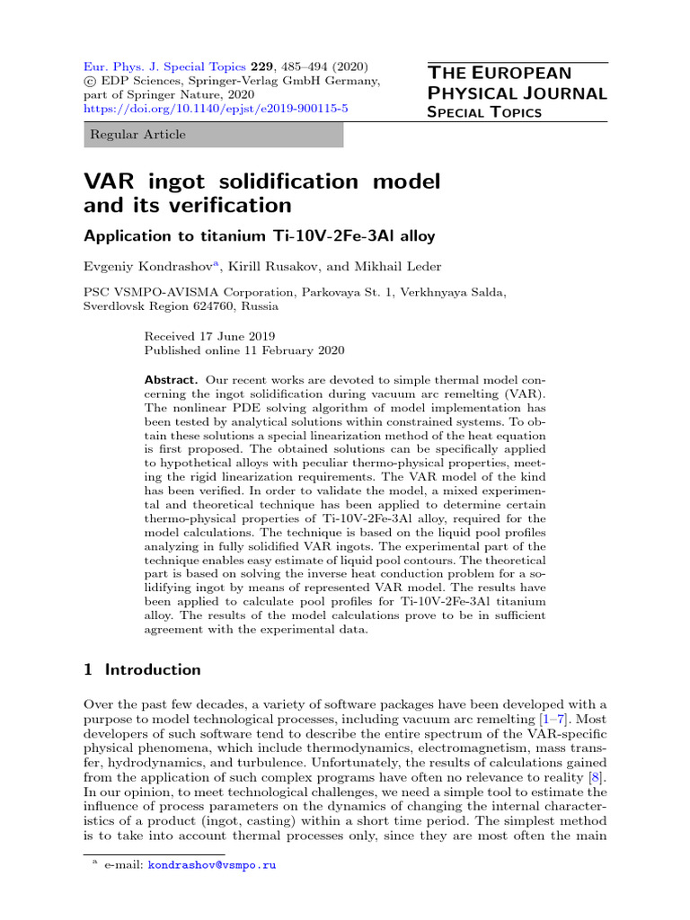 Kondrashov Var Ingot Solidification Model And Its Verification Pdf Ingot Heat