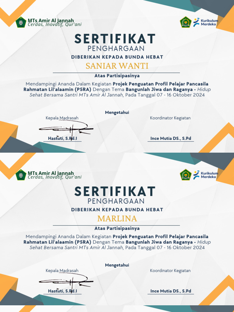Cetak 2 Sertifikat Ortu P5ra - 2024 | PDF | Kesehatan Holistik