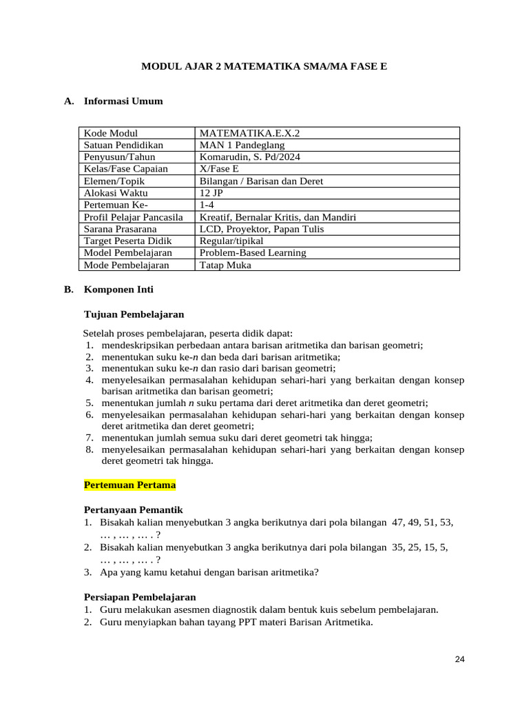 Modul Ajar 2 Matematika Sma Fase e | PDF | Metode & Bahan Ajar