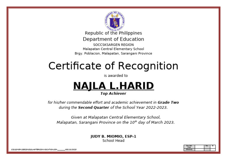 Malapatan-CertificateOfRecognition Convocation | PDF