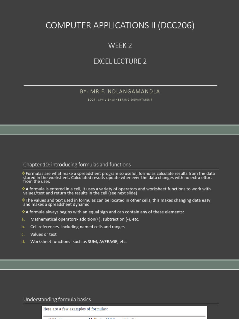 Computer Applications - Lecture 2 (Chapter 10) | PDF | Formula | Microsoft Excel