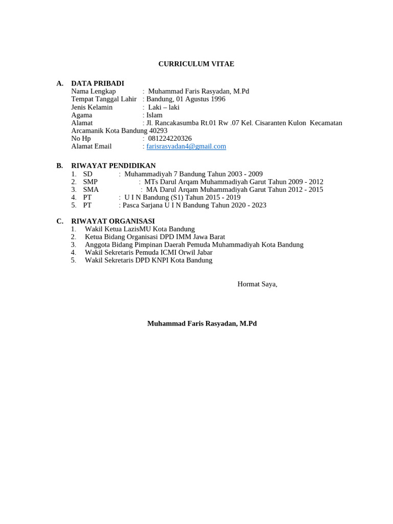 CV Muhammad Faris Rasyadan | PDF | Karier & Perkembangan | Ilmu Sosial